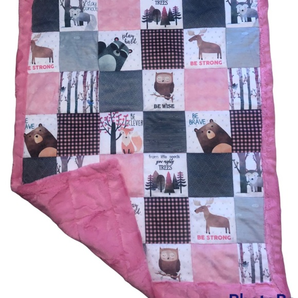 Bedding | Handmade Pink Minky Luxe Woodland Critters Baby Blanket Fox ...